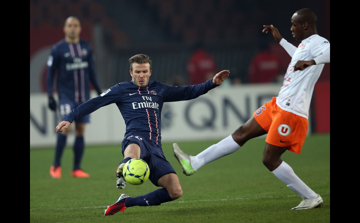 Photo : David Beckham engagé pendant la rencontre PSG - Montpellier au ...
