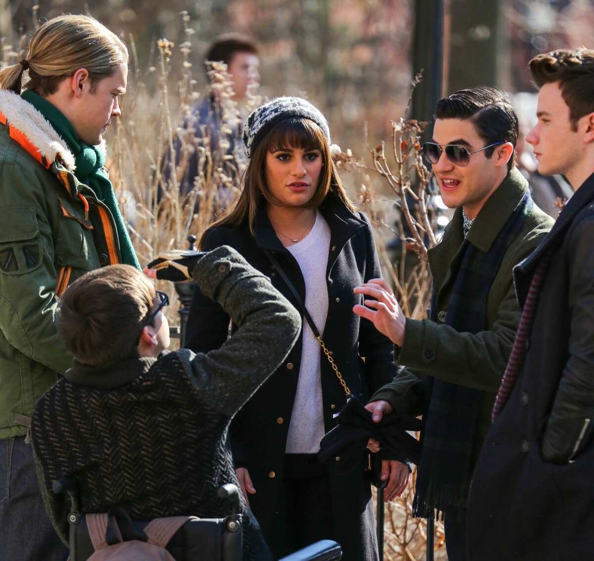 Photo : Chris Colfer, Darren Criss, Kevin McHale, Chord Overstreet, Lea Michele lors du tournage ...