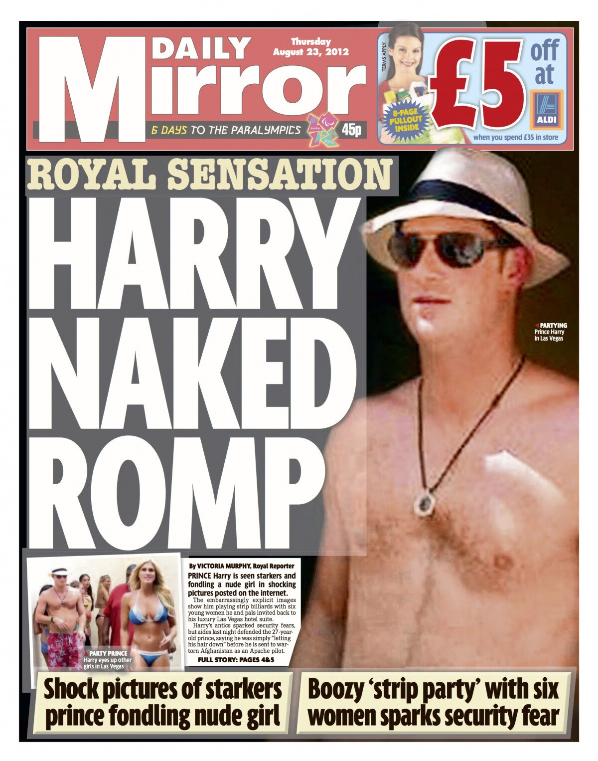Photo : Le prince Harry, torse nu, en une du journal "Daily Mirror". Le 23 août 2012 - Purepeople
