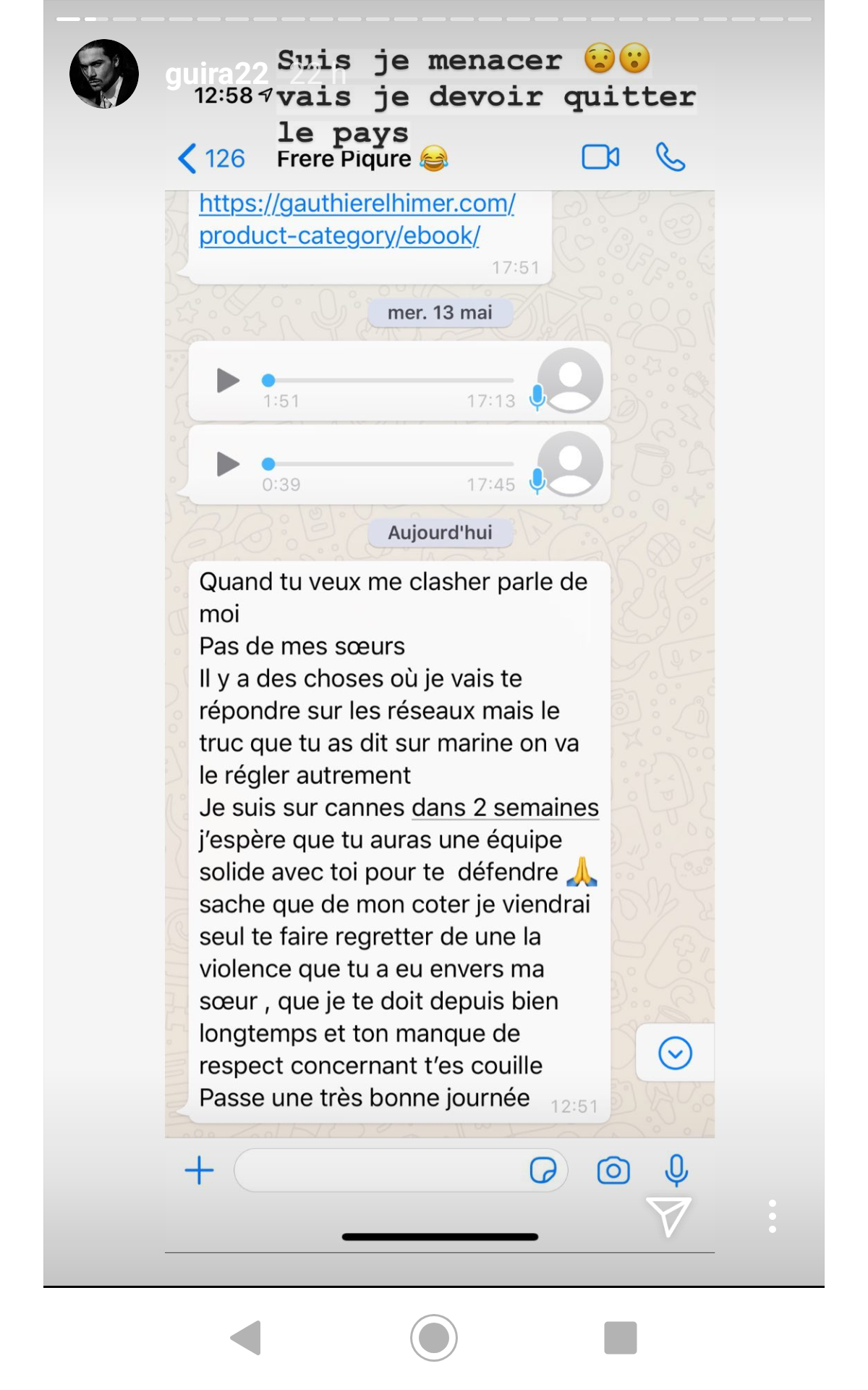 Photo : Le message de menace de Gautier El Himer à Julien Guirado, le ...