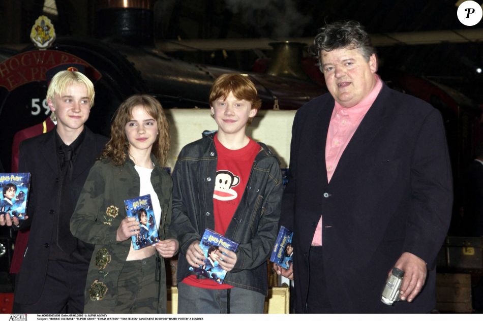 Robbie Coltrane, Rupert Grint, Emma Watson et Tom Felton lors de la ...