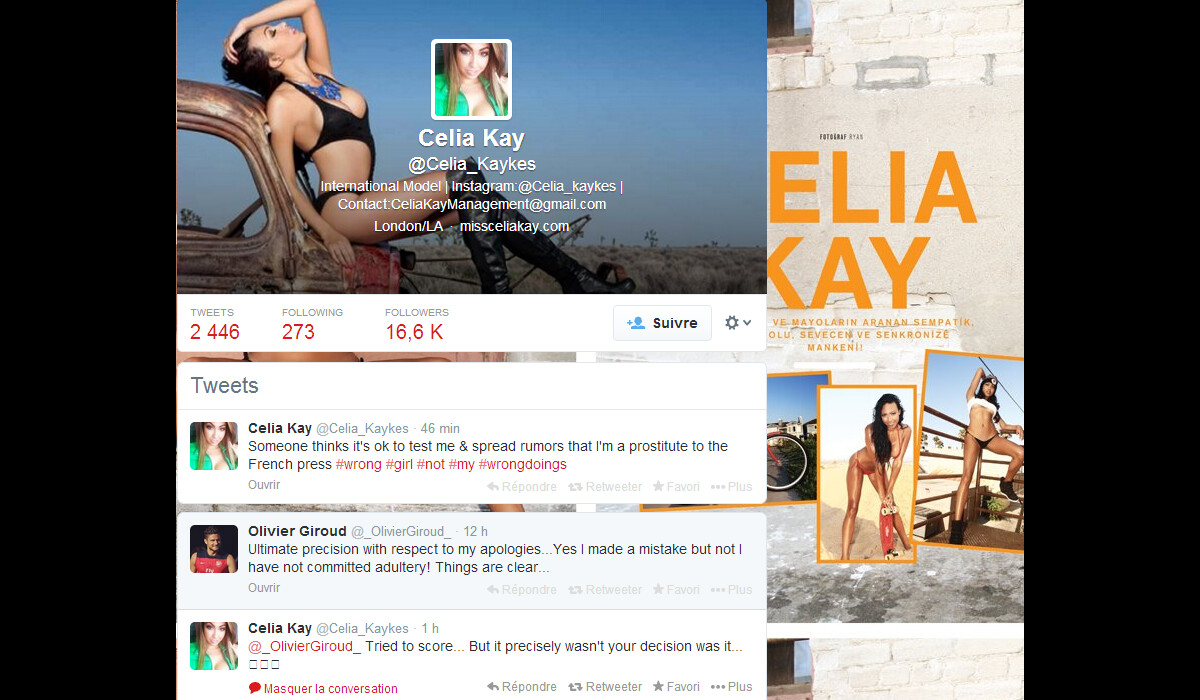 Photo : Celia Kay, capture d'écran de son compte Twitter avant que les messages ne soient ...