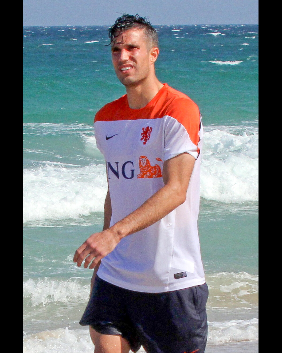 Photo : L'attaquant Robin van Persie et ses coéquipiers sur une plage ...