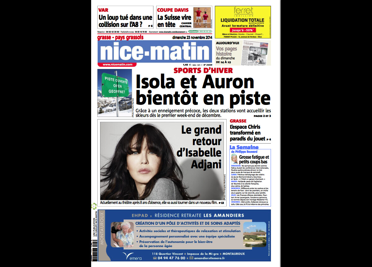 Photo : La "une" du journal Nice Matin du dimanche 23 novembre - Purepeople