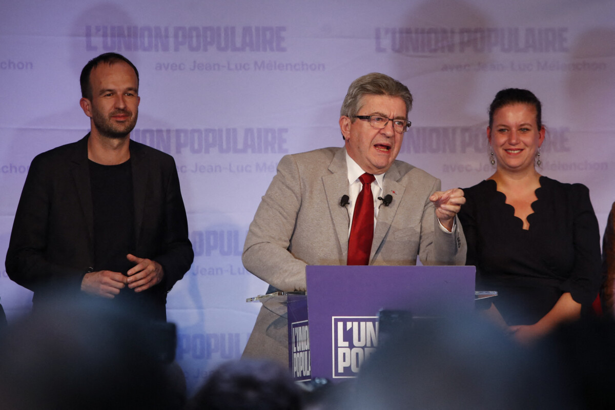 Photo : Jean-Luc Mélenchon, Manuel Bompard et Mathilde Panot au soir du ...