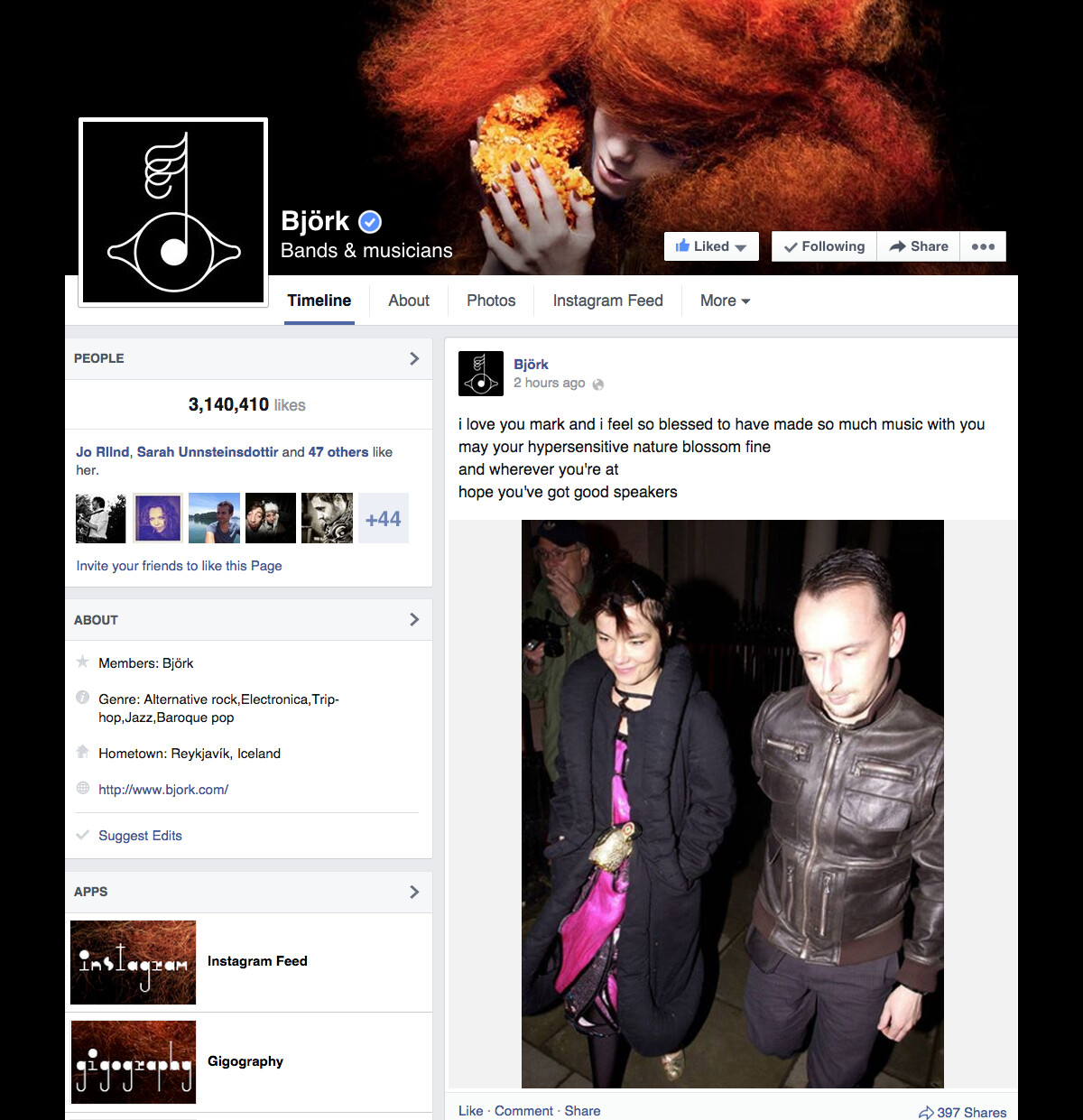 Photo : Hommage de Björk à Mark Bell, sur Facebook, dont on a appris la ...