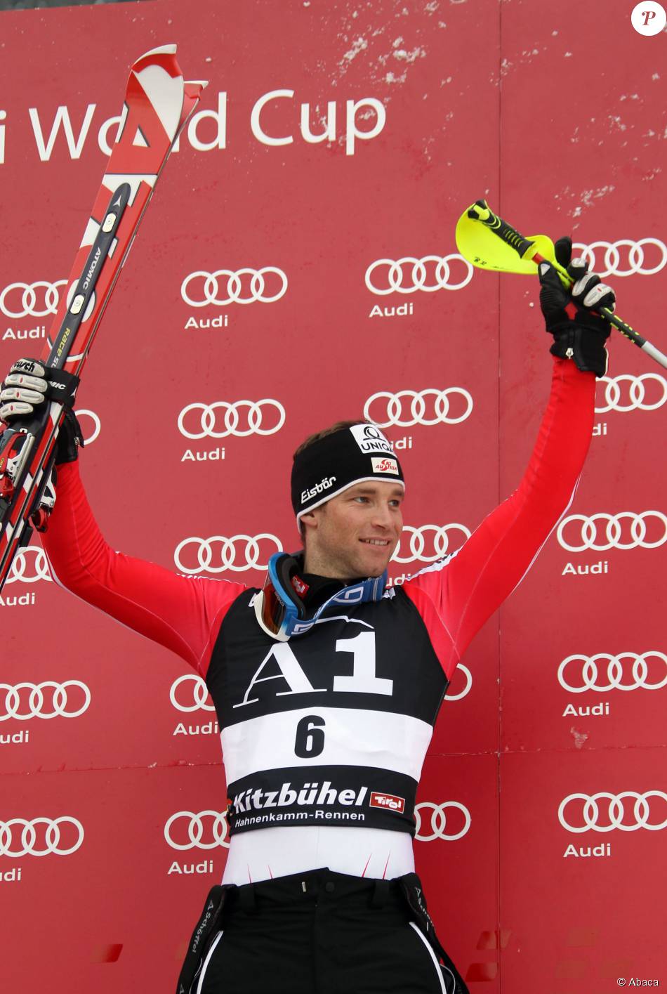 Benjamin Raich sur le podium de Kitzbühel, le 24 janvier 2010 - Purepeople