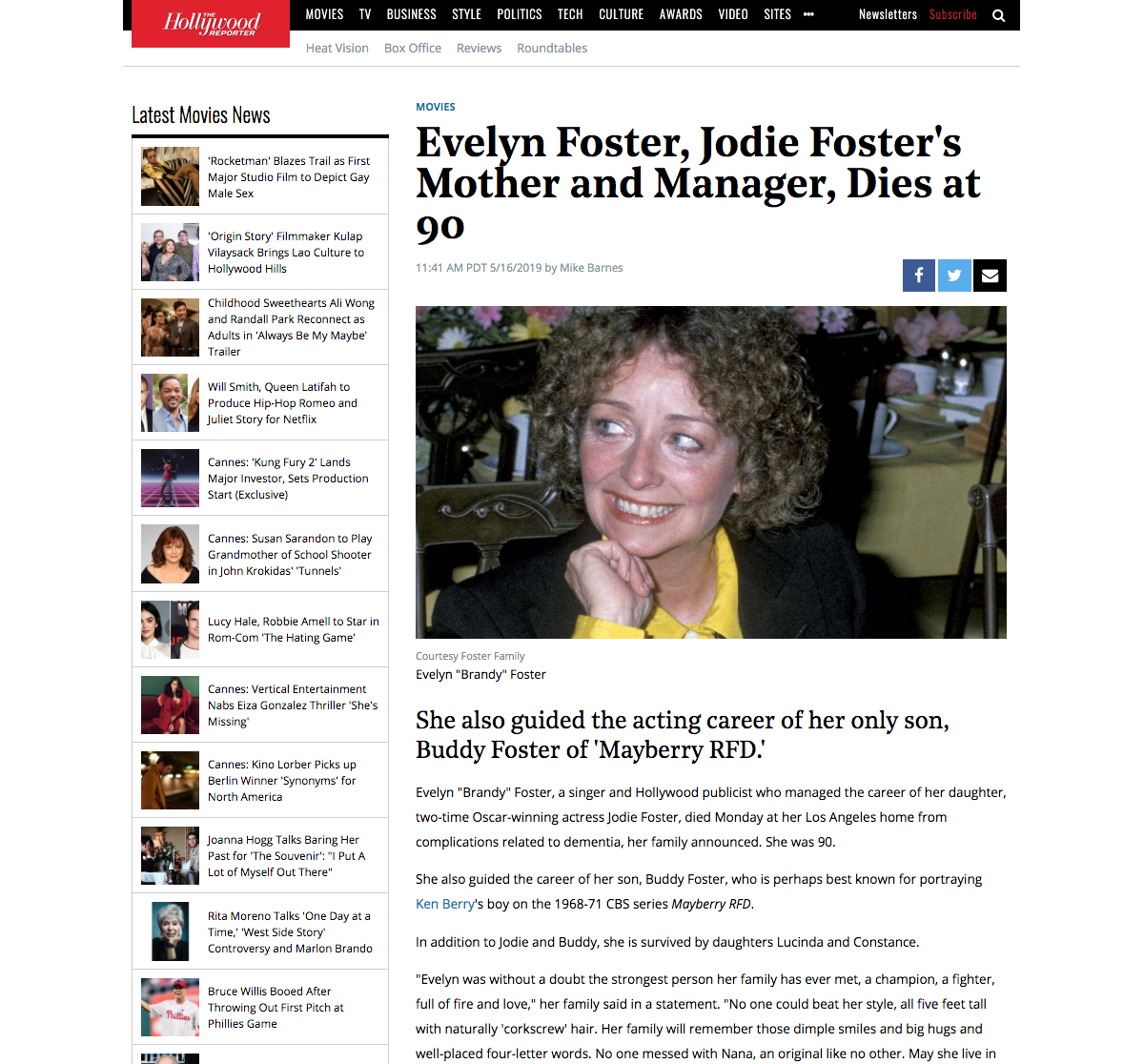 Photo : Hommage à Evelyn Foster dans le "Hollywood Reporter". Elle ...