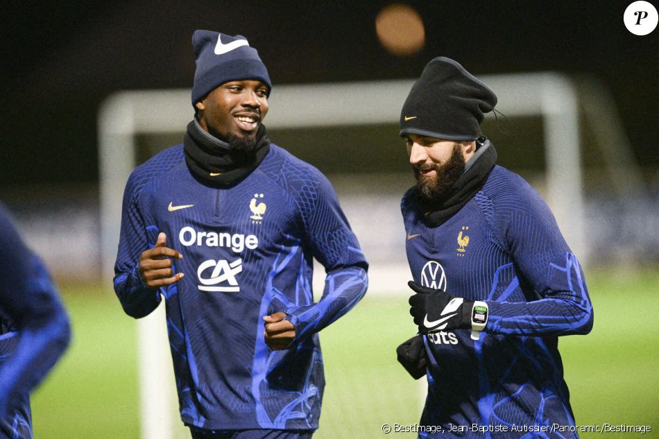Karim Benzema, Marcus Thuram lors de l'entraînementde l'équipe de ...