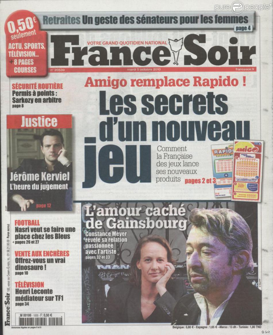 Constance Meyer et Serge Gainsbourg en couverture de France Soir, le 5 ...