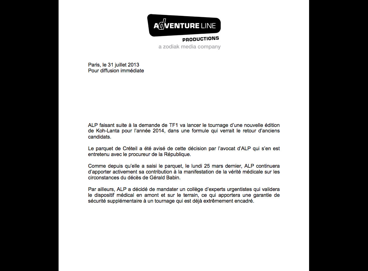 Photo : Communiqué officiel d'Adventure Line Productions - 31 juillet ...