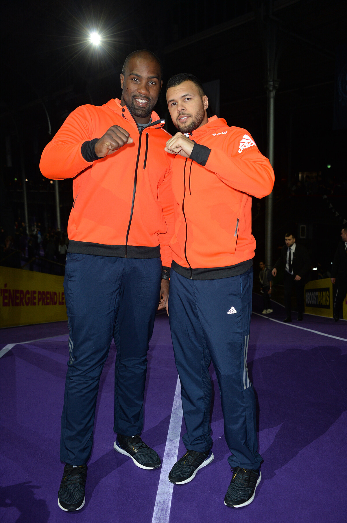 Photo : Teddy Riner avec Jo-Wilfried Tsonga lors de la finale de l'Adidas Boost Battle Run à la ...