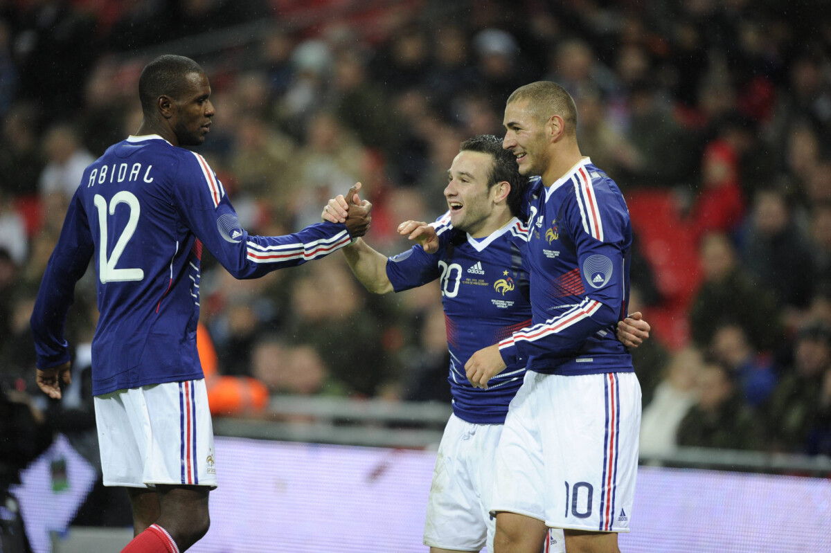 Photo : Karim Benzema, Mathieu Valbuena et Eric Abidal lors du match ...