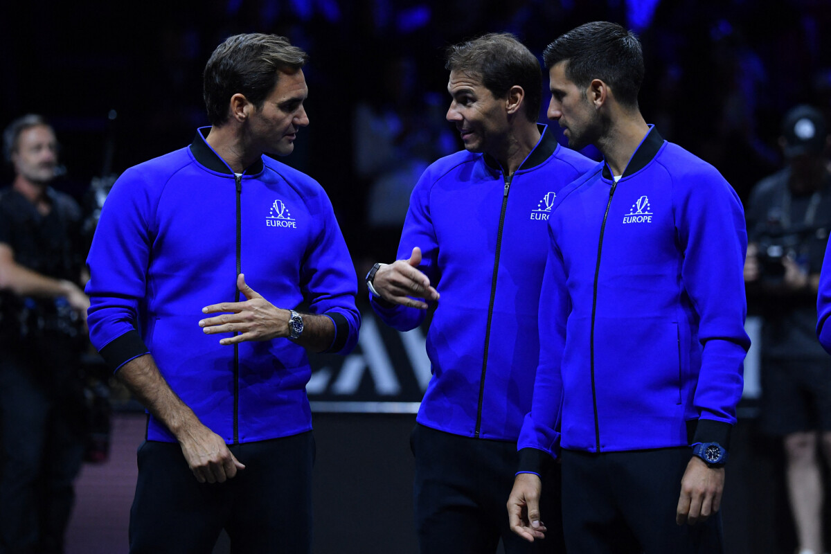 Photo : Roger Federer dispute son dernier match de tennis en double avec Rafael Nadal et Novak ...