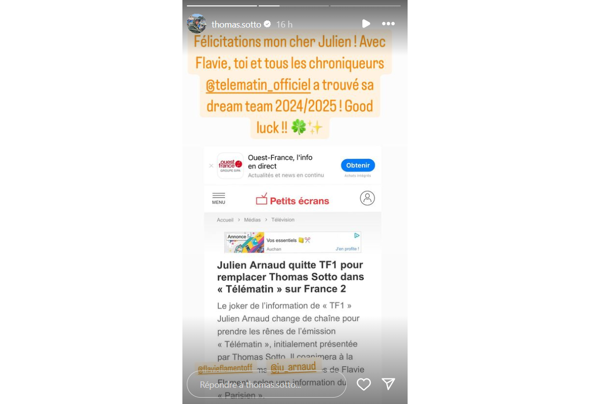 Photo : En story sur Instagram, Thomas Sotto a réagi. Thomas Sotto réagit à l'arrivée de Julien ...