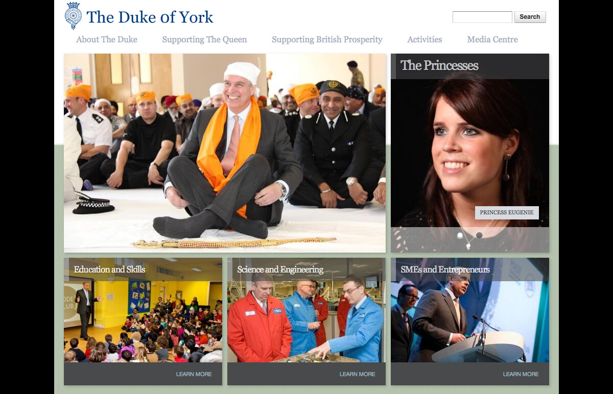 Photo : Capture d'écran de la page d'accueil du nouveau site Internet du prince Andrew, duc d ...