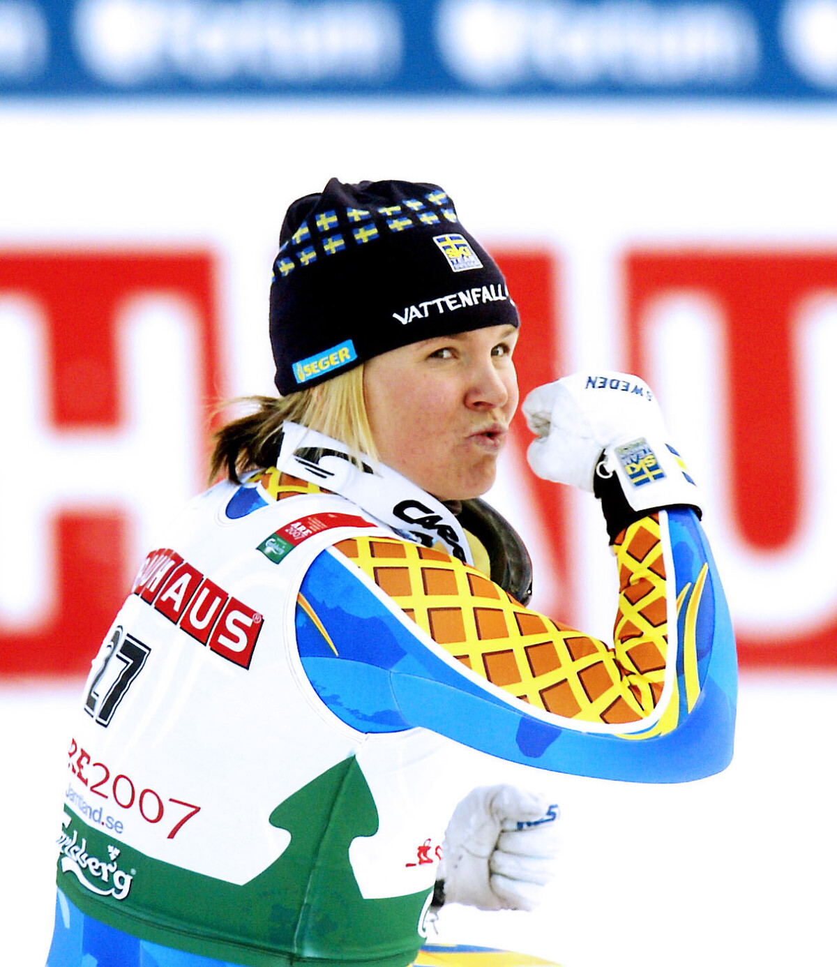 Photo : Anja Paerson après sa victoire en descente à Åre, le 11 février ...