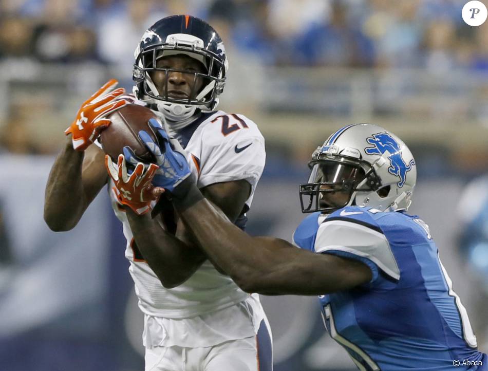 Aqib Talib, cornerback des Denver Broncos avec le numéro 21, à la lutte ...