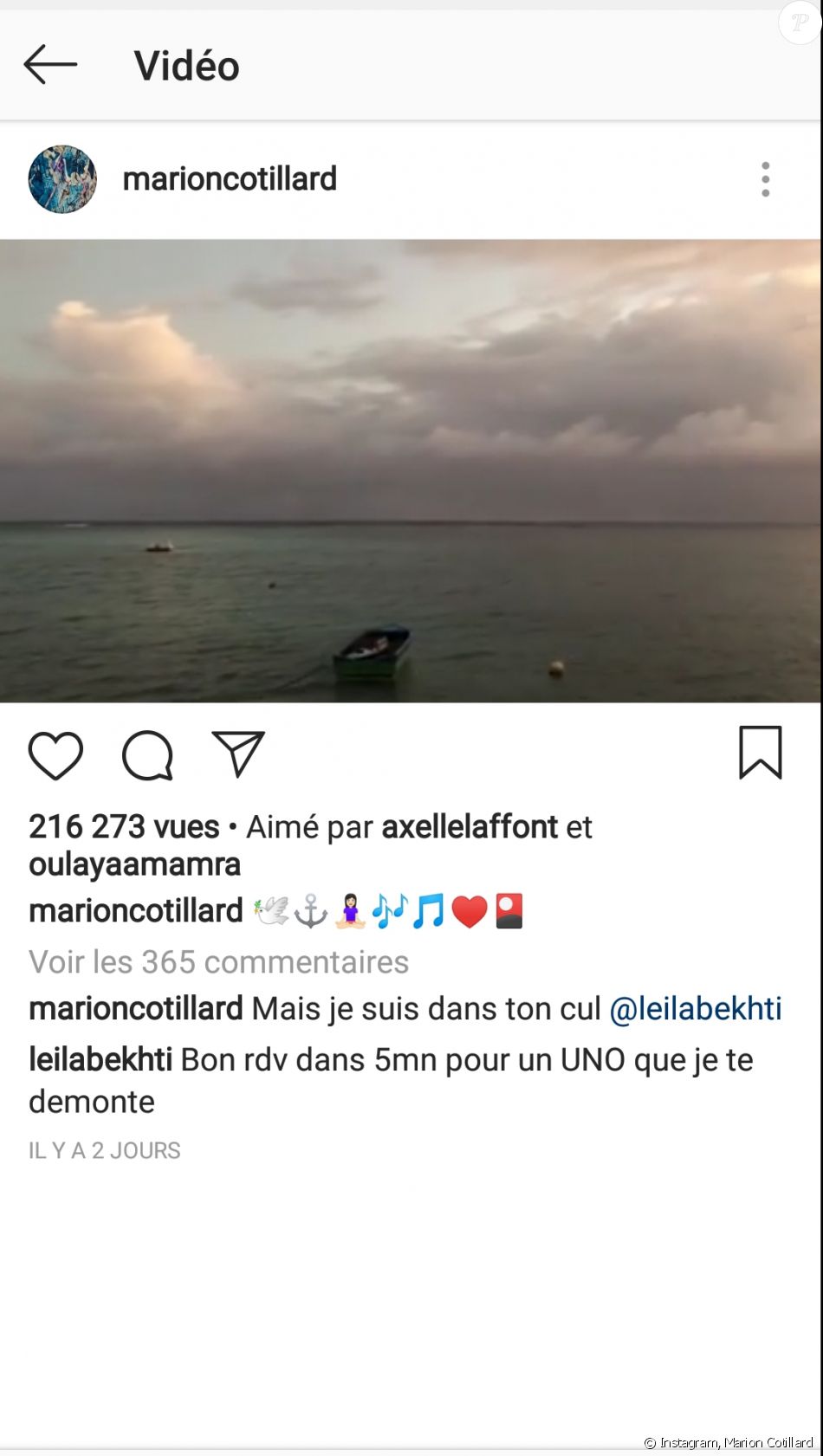 Capture d'écran de l'Instagram de Marion Cotillard, le 2 janvier 2018 ...