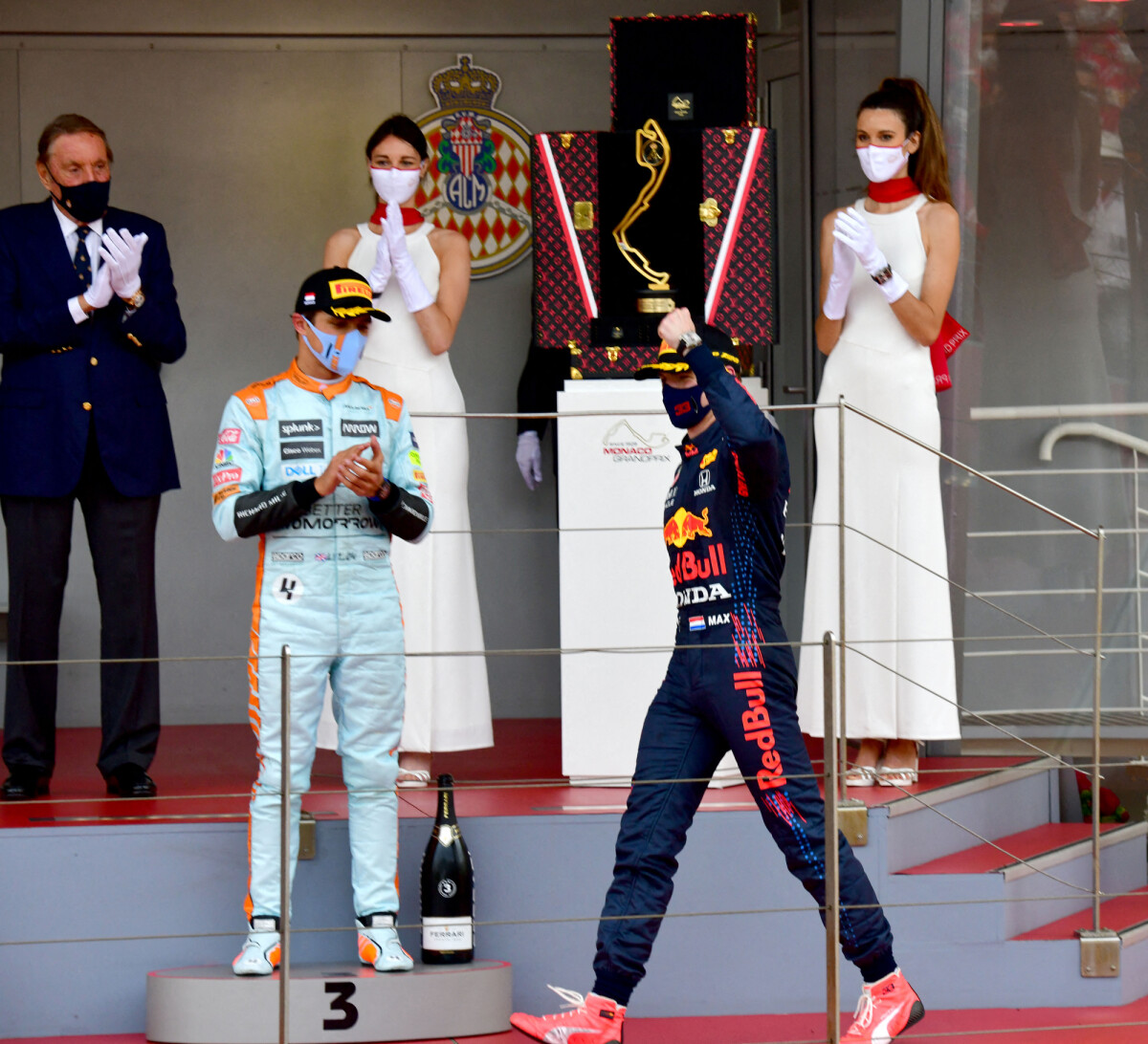 Photo : Michel Boeri, Lando Norris, Max Verstappen - Podium du 78ème ...