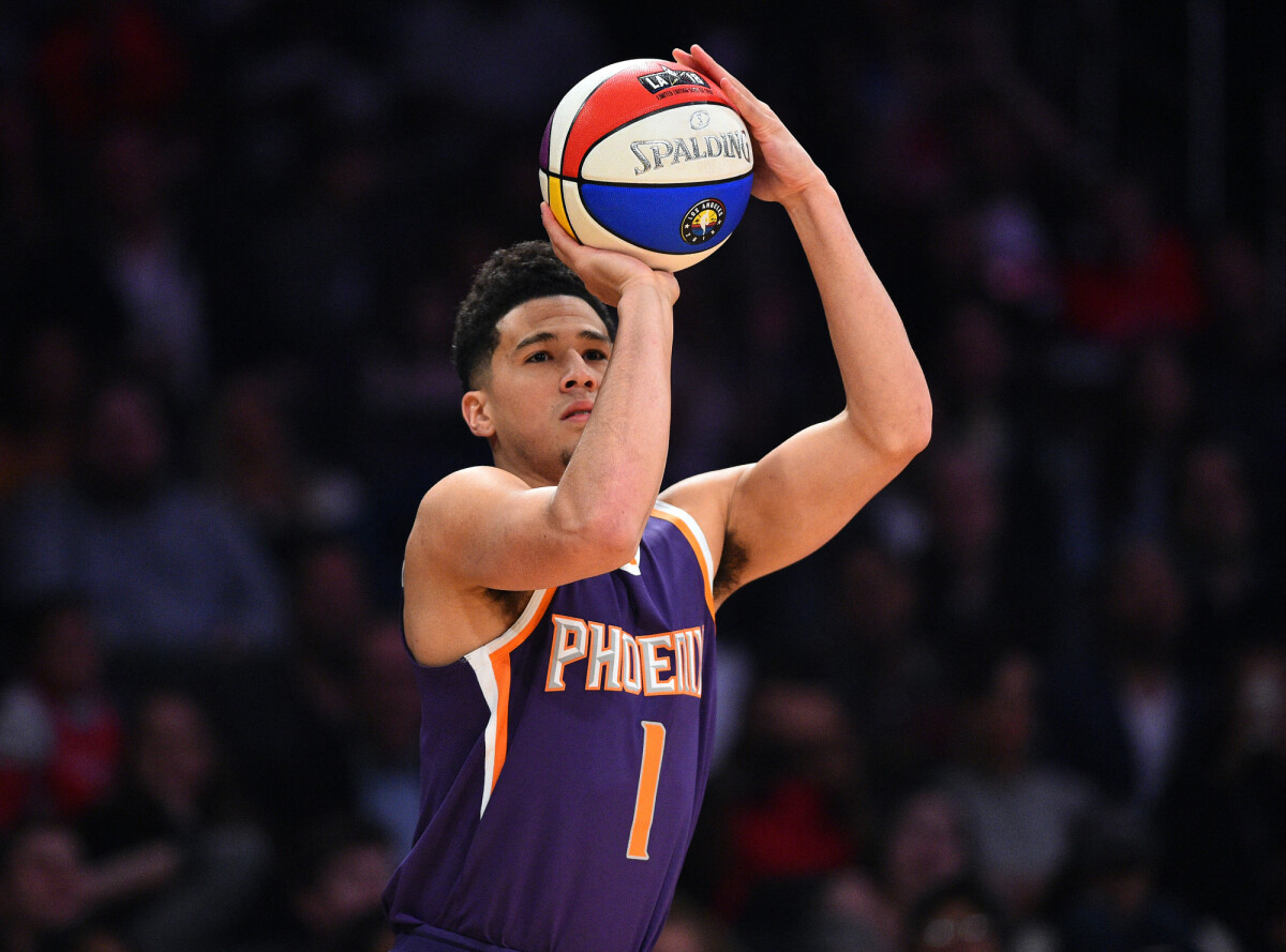 Photo : Devon Booker lors du All-Star Game 2018 à Los Angeles. Le 17 ...