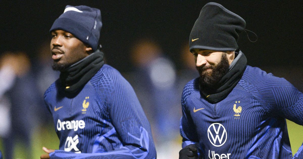 Karim Benzema, Marcus Thuram lors de l'entraînementde l'équipe de ...