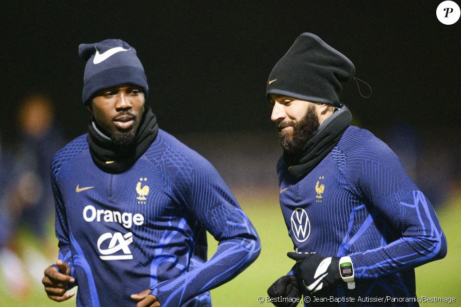 Karim Benzema, Marcus Thuram lors de l'entraînementde l'équipe de ...