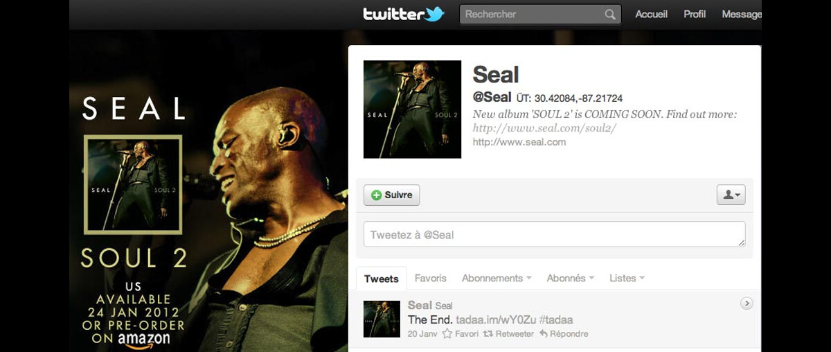Photo : Le message de Seal sur son twitter : The End ! - Ode (Purepeople)