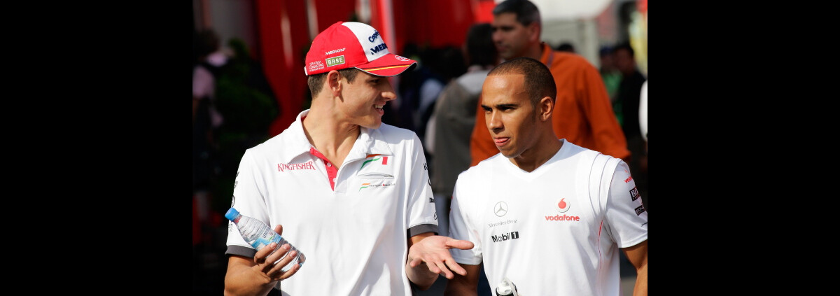 Photo : Adrian Sutil et Lewis Hamilton le 25 avril 2008 à Barcelone ...
