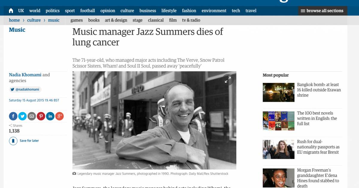 Jazz Summers, fameux manager britannique, est décédé le 14 août 2015 à ...