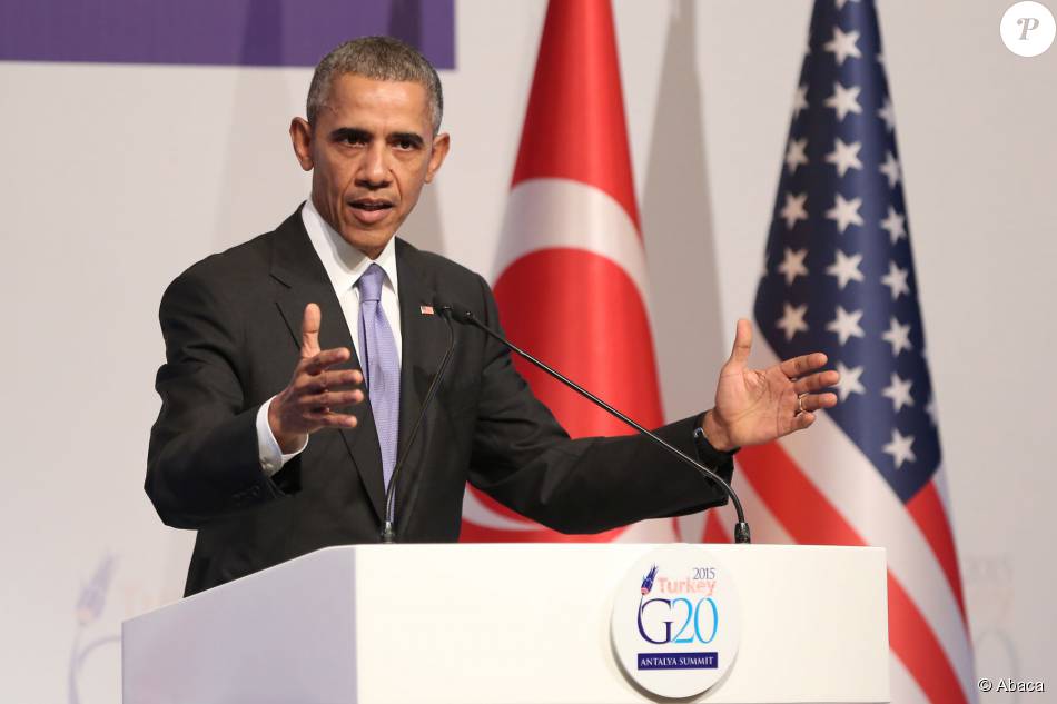 Barack Obama en plein discours au sommet du G-20 à Antalya. Le 16 ...
