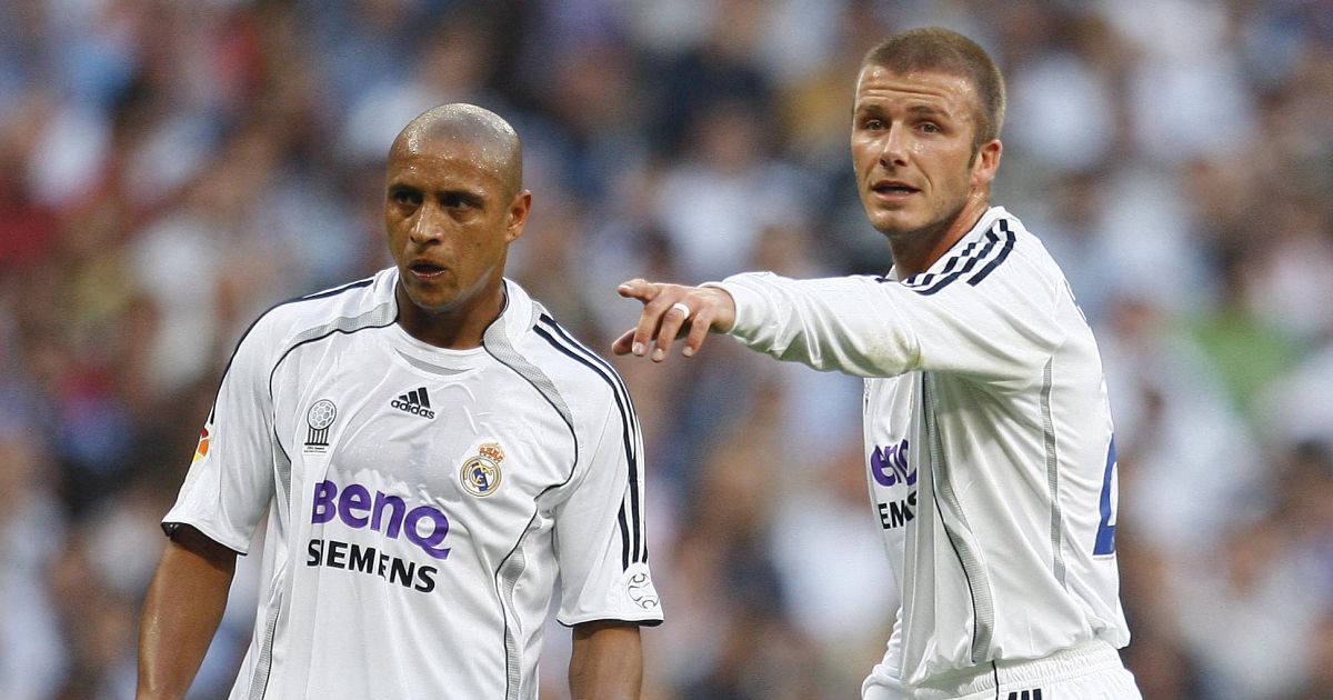 David Beckham et Roberto Carlos sous le maillot du Real Madrid en juin ...