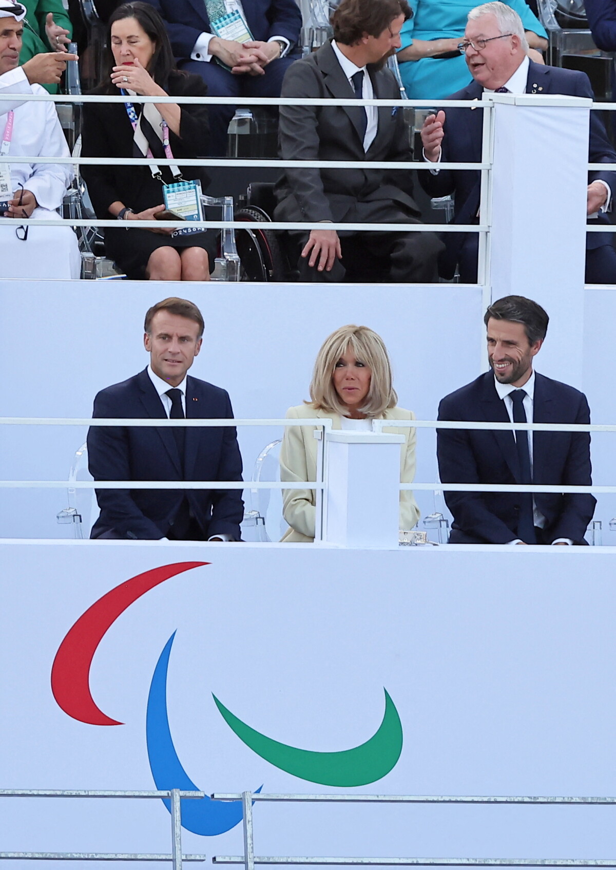 Photo : Le président Emmanuel Macron, Brigitte Macron, Tony Estanguet lors de la cérémonie d ...